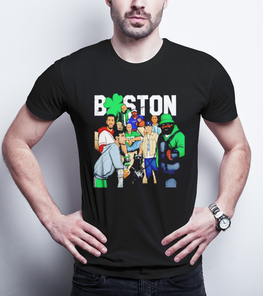 Boston Green Clover Sports Fan Characters Distressed Look T-Shirt