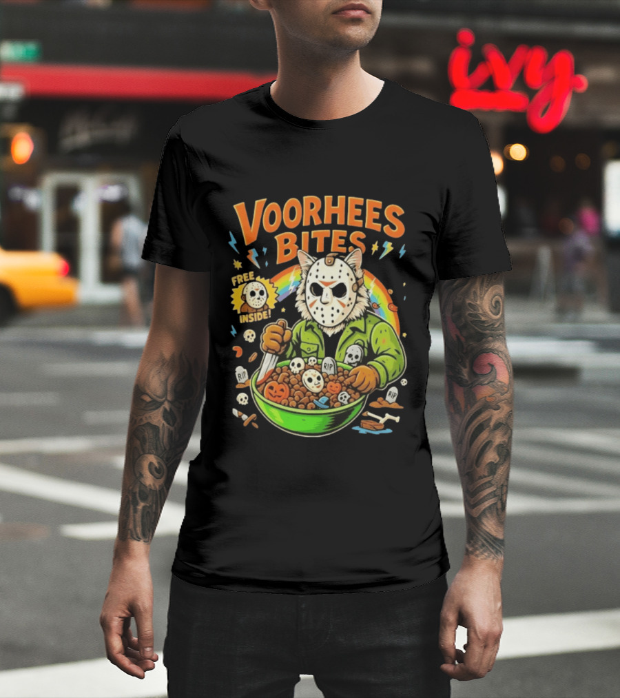 Voorhees Bites Jason Voorhees Cat Cereal Horror Mask Rainbow Feline Bowl Skeletons T-Shirt