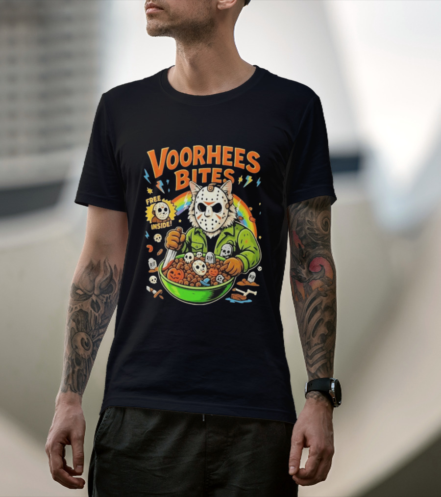 Voorhees Bites Jason Voorhees Cat Cereal Horror Mask Rainbow Feline Bowl Skeletons T-Shirt