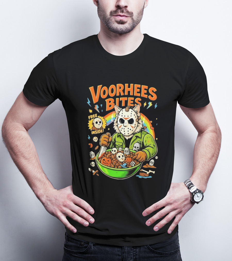 Voorhees Bites Jason Voorhees Cat Cereal Horror Mask Rainbow Feline Bowl Skeletons T-Shirt