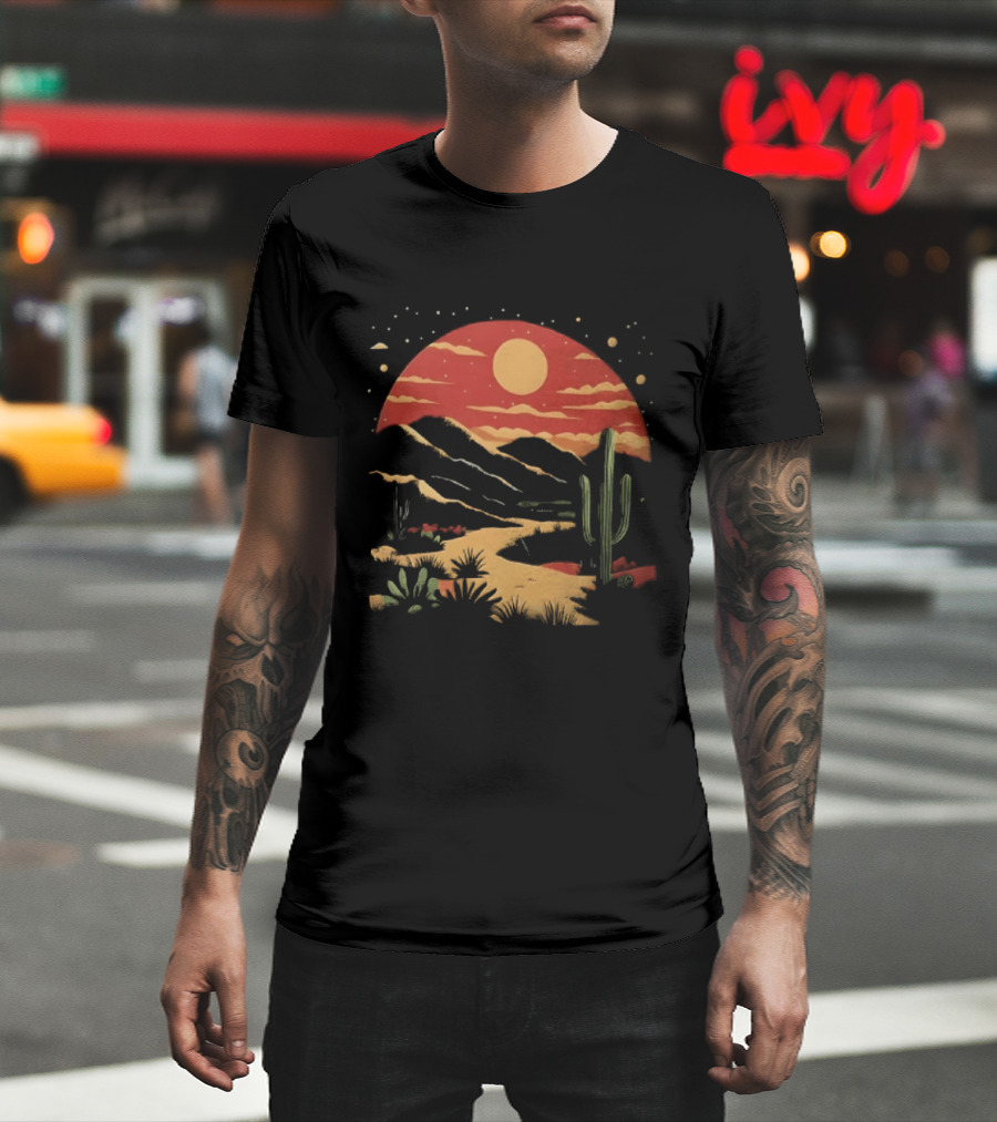 Sunset Sky Desert Saguaro Cactus Western Mountains Landscape Scene T-Shirt