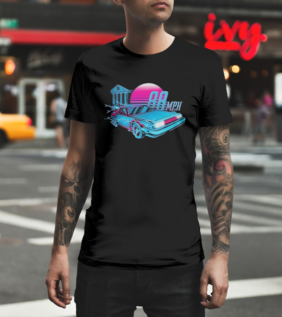 Back To The Future DeLorean 88 MPH Neon Style With Sunset And Tower T-Shirt