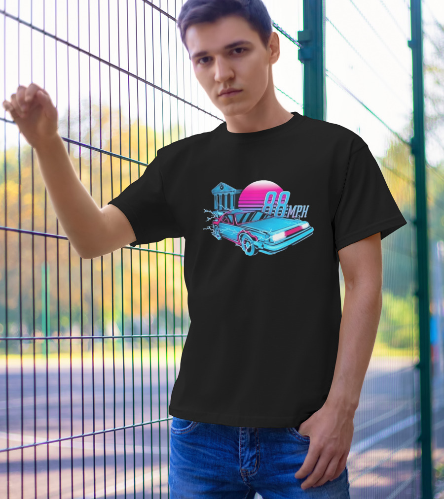Back To The Future DeLorean 88 MPH Neon Style With Sunset And Tower T-Shirt