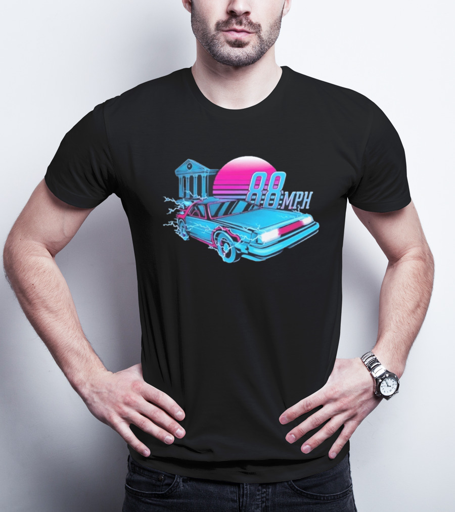 Back To The Future DeLorean 88 MPH Neon Style With Sunset And Tower T-Shirt