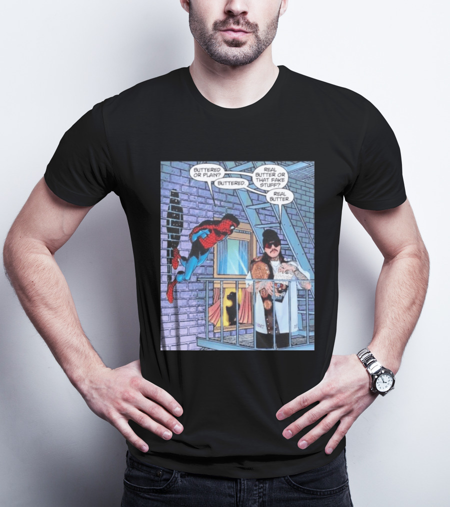 Spider Man Bret Hart Real Buttered Popcorn Balcony Scene T-Shirt