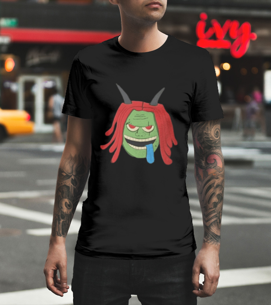 Trippie Redd Cartoon Green Devil Horns Red Hair Blue Tongue T-Shirt