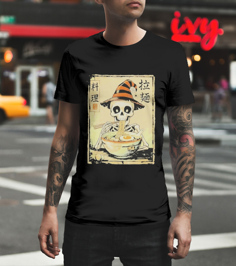Witch Skeleton Eating Ramen With Japanese Kanji Characters T-Shirt