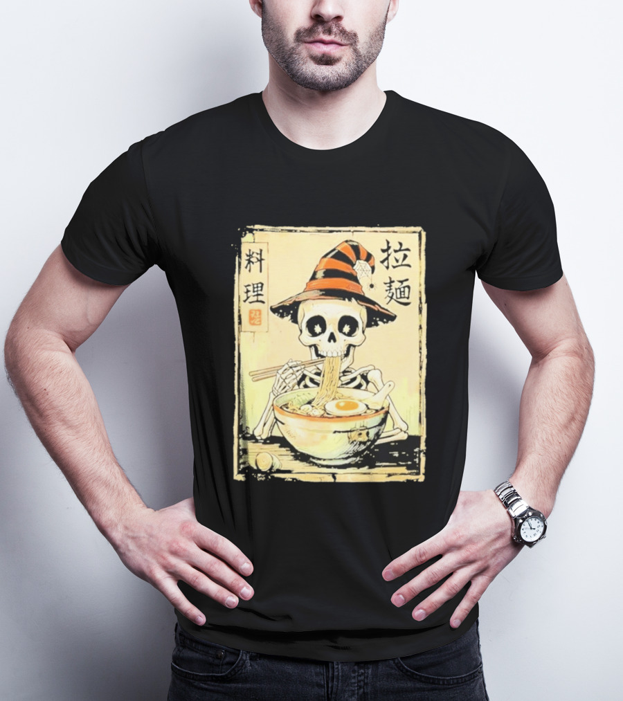 Witch Skeleton Eating Ramen With Japanese Kanji Characters T-Shirt