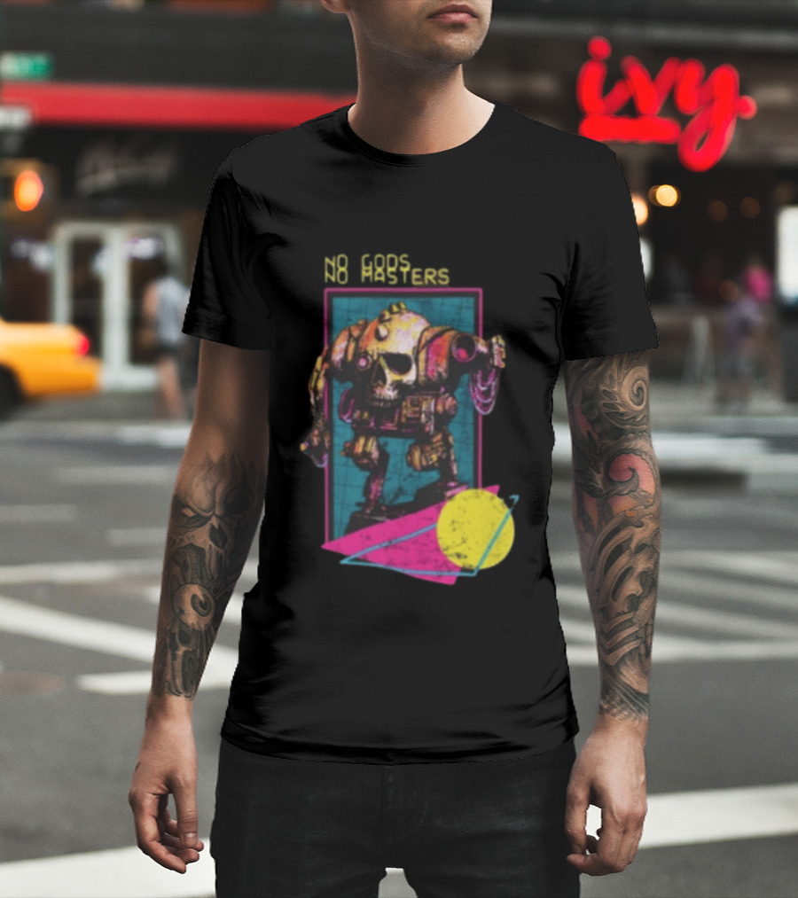 Black Magic Creative Store BMC No Gods No Masters Skull Robot T-Shirt