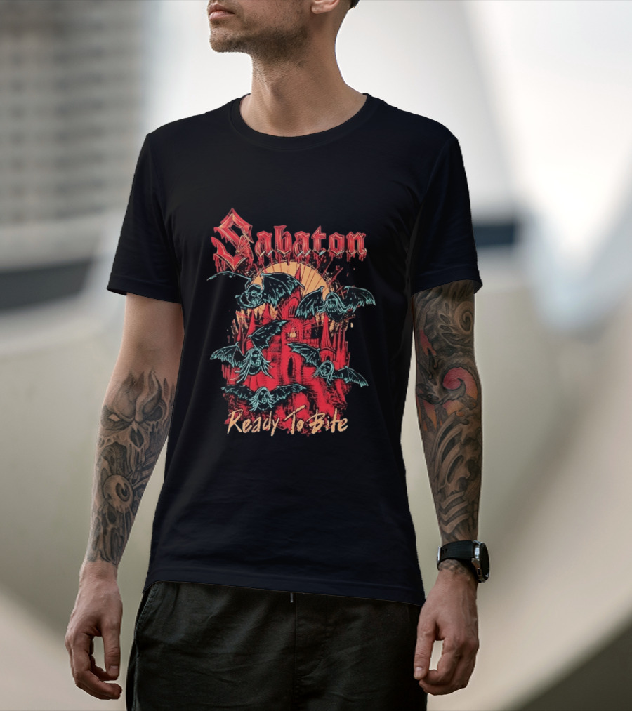 Sabaton Ready To Bite Heavy Metal Band Vampire Bats Castle T-Shirt