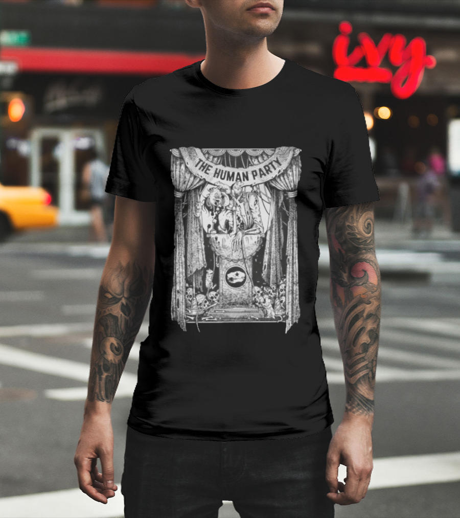 The Human Party Macabre Skeleton Dark Gothic Stage Curtain Scene T-Shirt