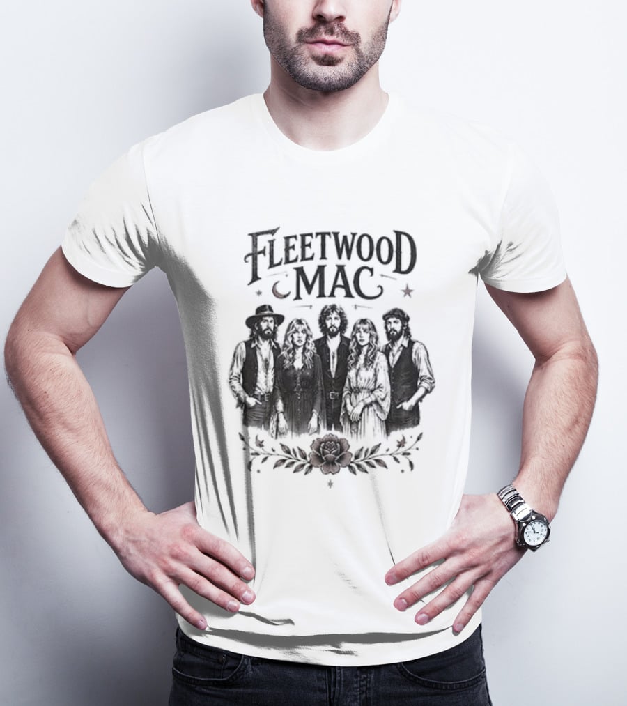 Fleetwood Mac Moonlit Harmony Silhouette With Crescent Moon And Floral Accents T-Shirt