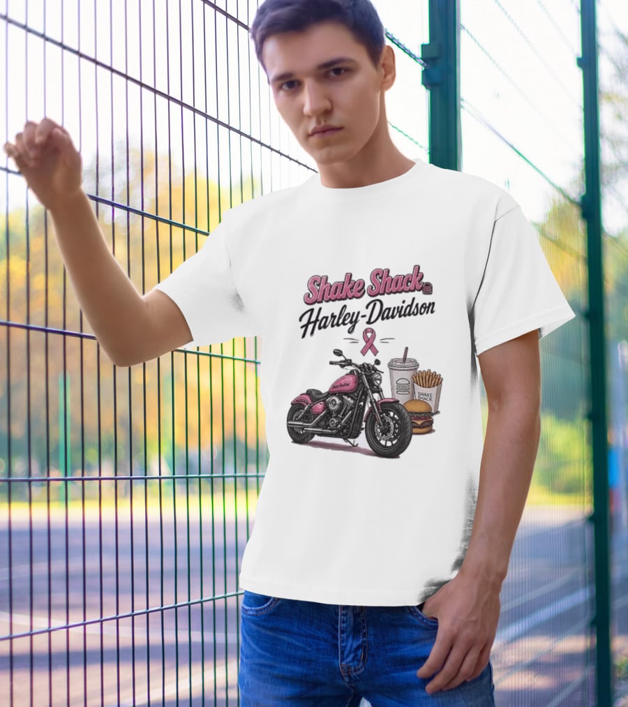 Shake Shack Harley Davidson Pink Ribbon Burger Fries Breast Cancer Awareness Month T-Shirt