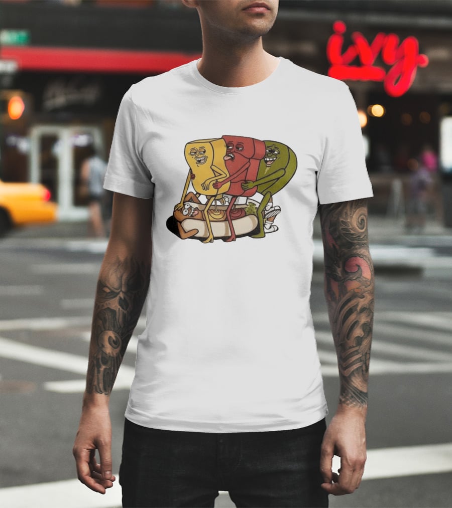 Hot Dog Topped With Mustard Ketchup And Relish Cartoon Characters T-Shirt