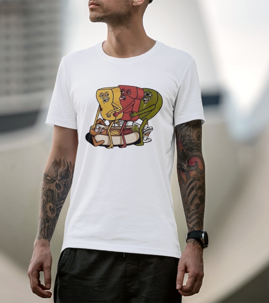 Hot Dog Topped With Mustard Ketchup And Relish Cartoon Characters T-Shirt