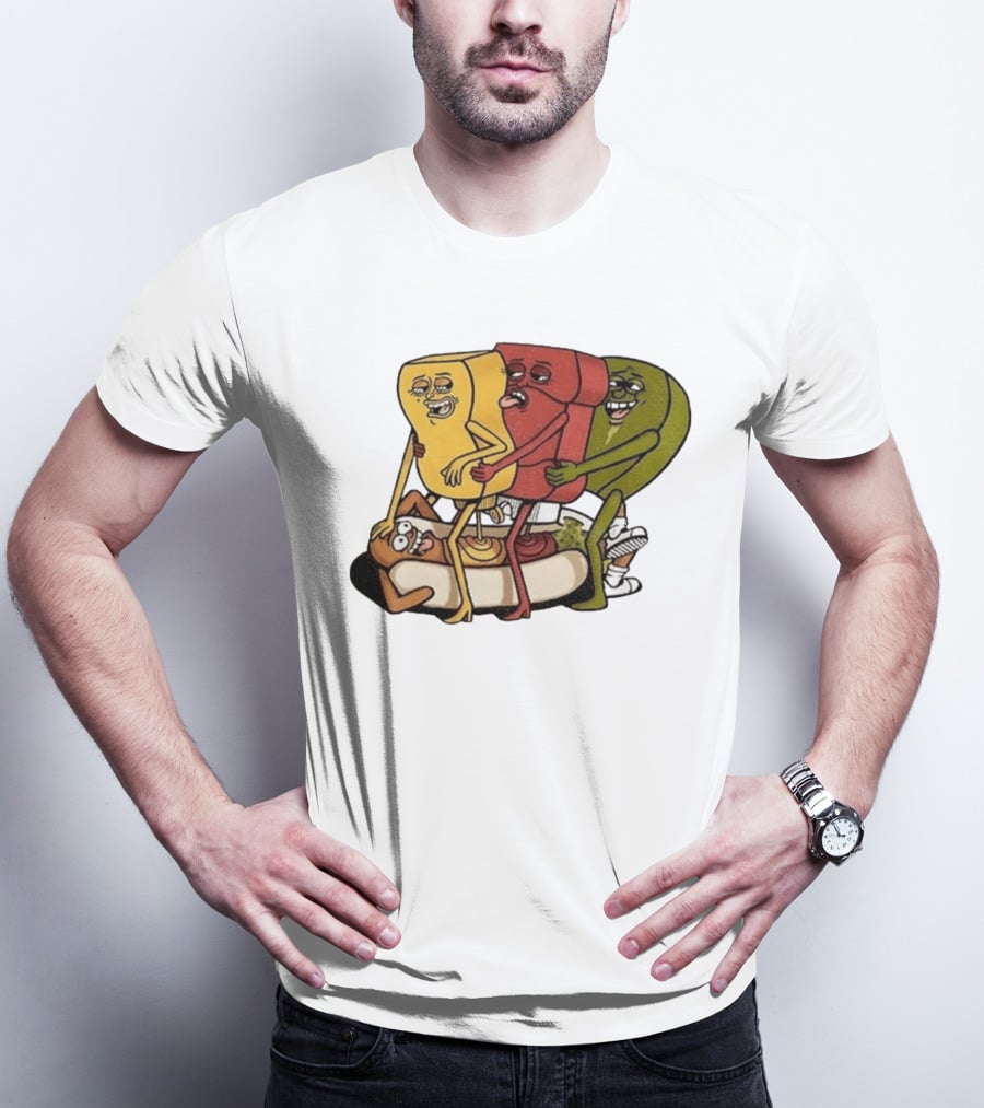 Hot Dog Topped With Mustard Ketchup And Relish Cartoon Characters T-Shirt