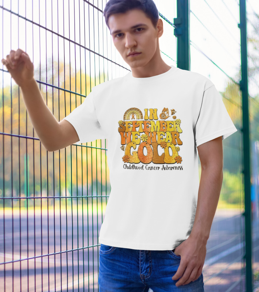 In September We Wear Gold Childhood Cancer Awareness Groovy Rainbow Butterfly Flower Motif T-Shirt