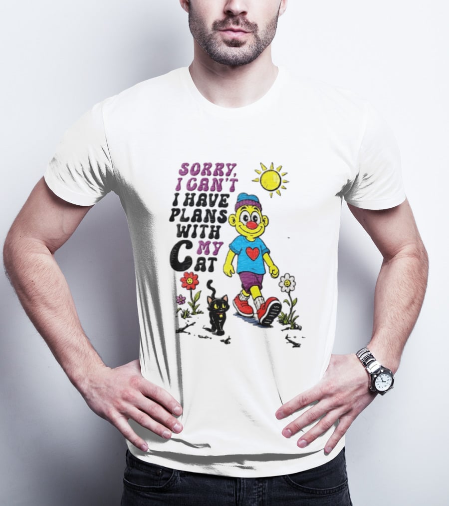 Sorry I Can't I Have Plans With My Cat Cartoon Yellow Figure Walking Sunflowers T-Shirt