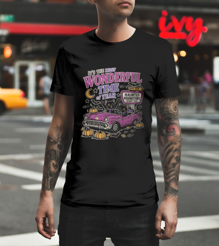 The Most Wonderful Time Of Year Halloween Cat And Pumpkins Retro Car T-Shirt