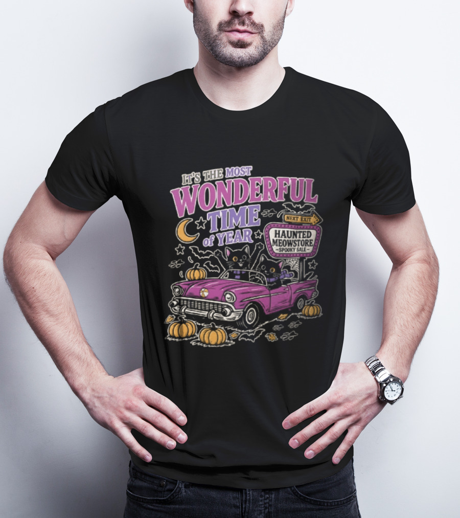 The Most Wonderful Time Of Year Halloween Cat And Pumpkins Retro Car T-Shirt
