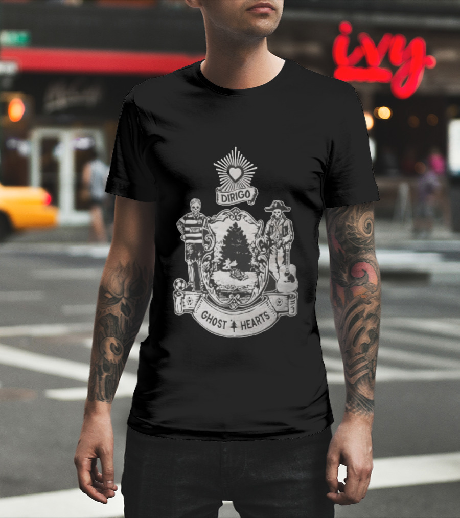 Dirigo Ghost Hearts Maine Crest With Skeleton Soccer And Guitar Players T-Shirt