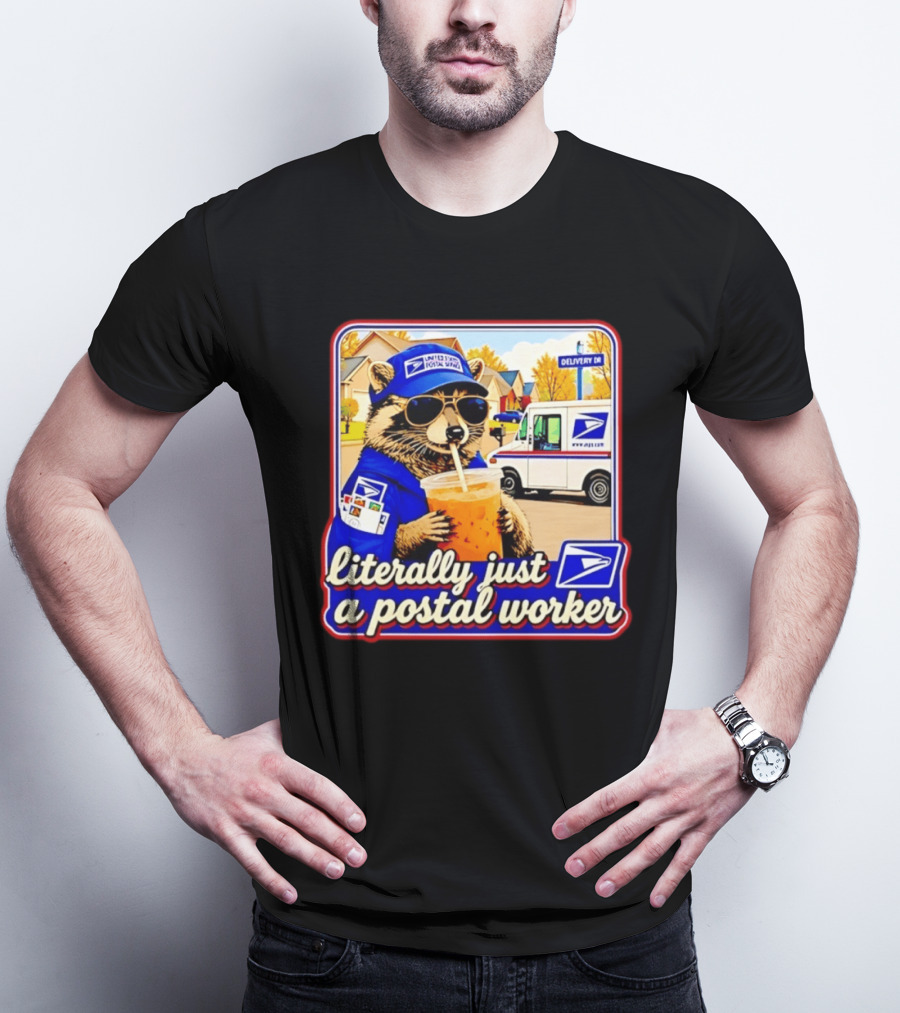 Literally Just A Postal Worker Raccoon With USA Postal Service Mail Truck Delivery Scene T-Shirt