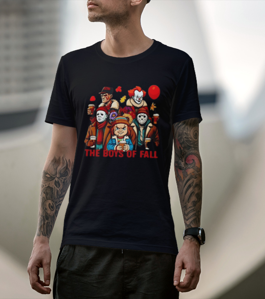 The Boys Of Fall Horror Movie Villains Holding Coffee Autumn Leaves Cartoon Balloons T-Shirt