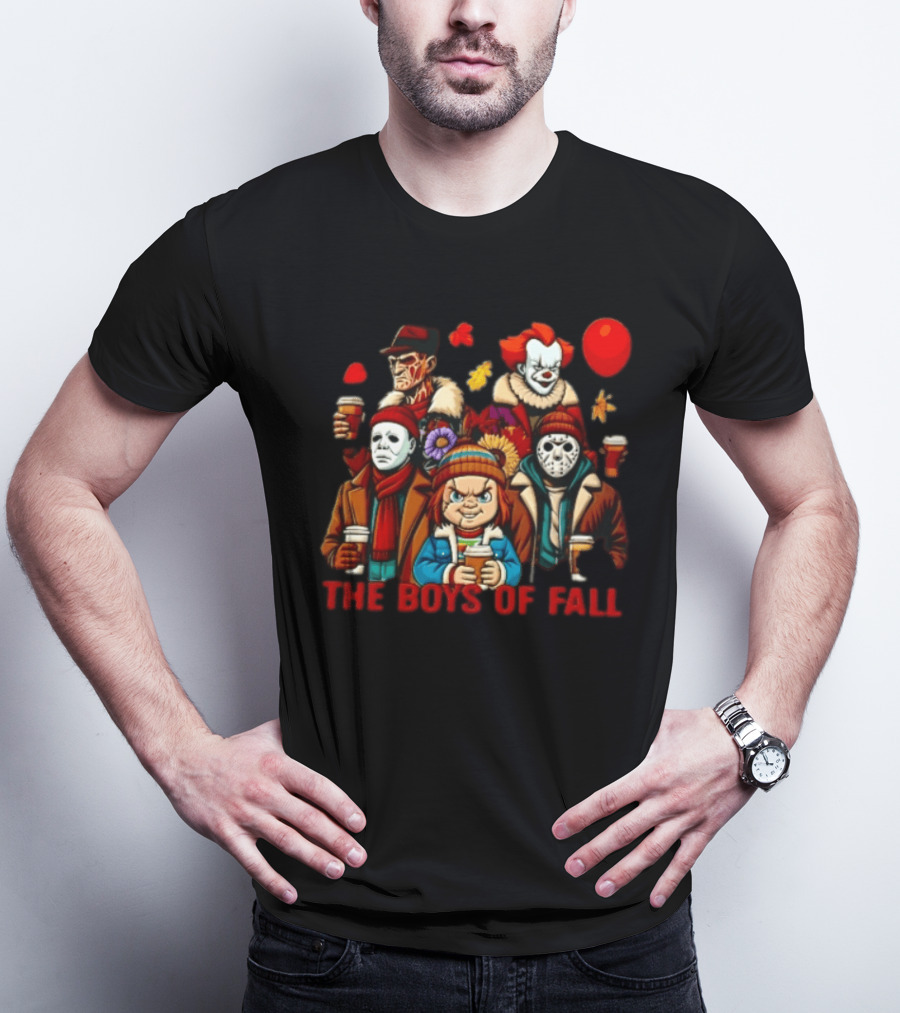 The Boys Of Fall Horror Movie Villains Holding Coffee Autumn Leaves Cartoon Balloons T-Shirt
