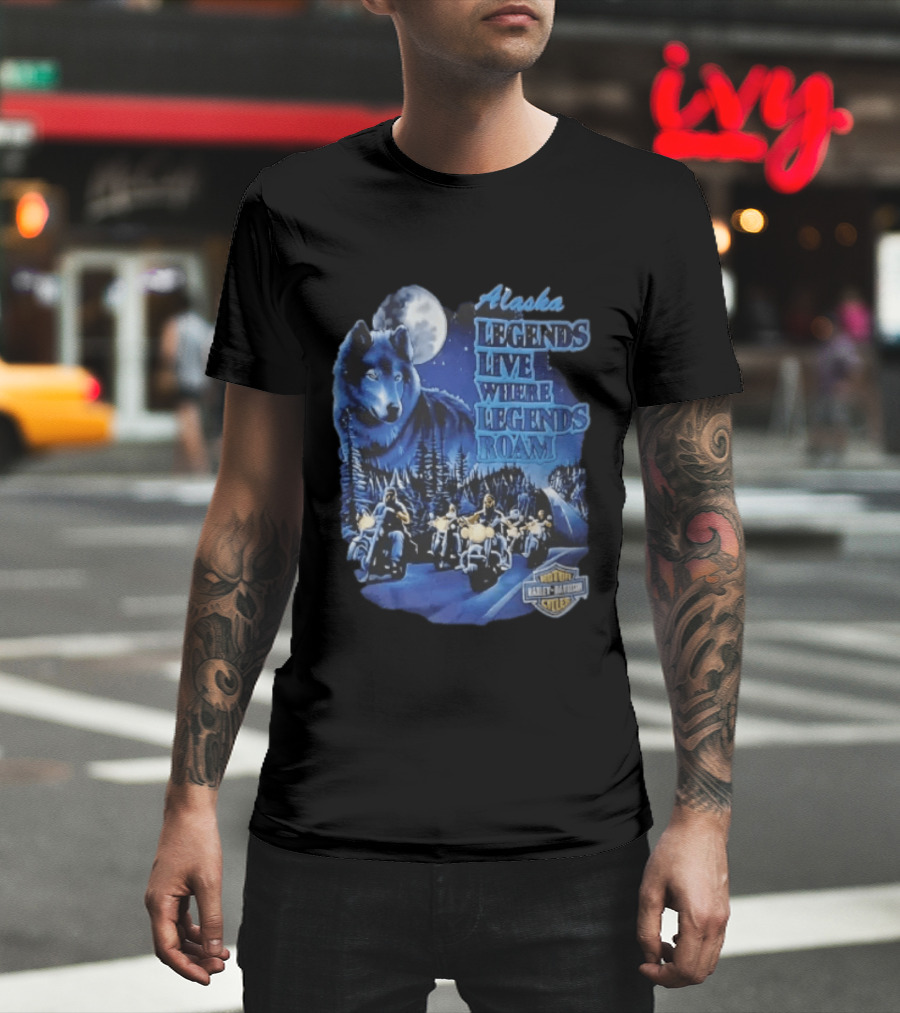 Alaska Legends Live Where Legends Roam Wolf Moon Motorcycles Forest Road T-Shirt