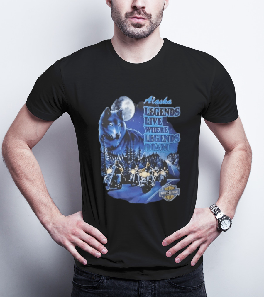 Alaska Legends Live Where Legends Roam Wolf Moon Motorcycles Forest Road T-Shirt