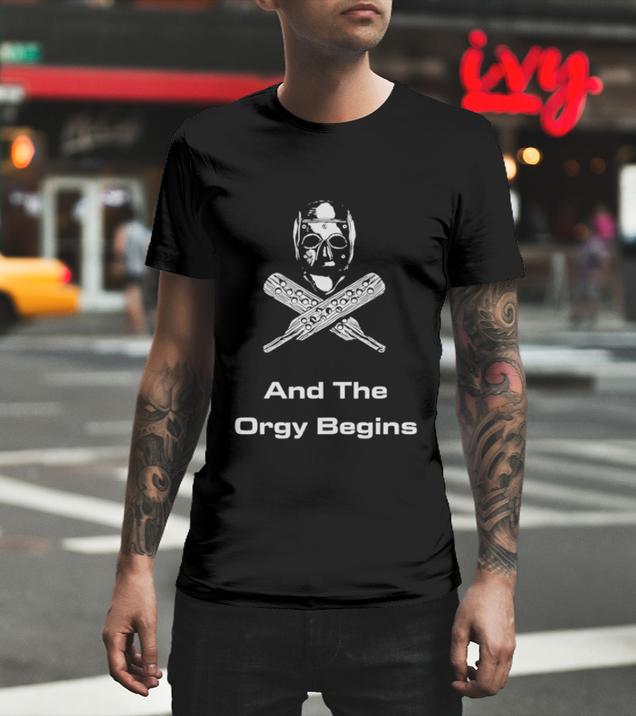 And The Orgy Begins Horror Cult Classic Hockey Mask Crossed Bats T-Shirt