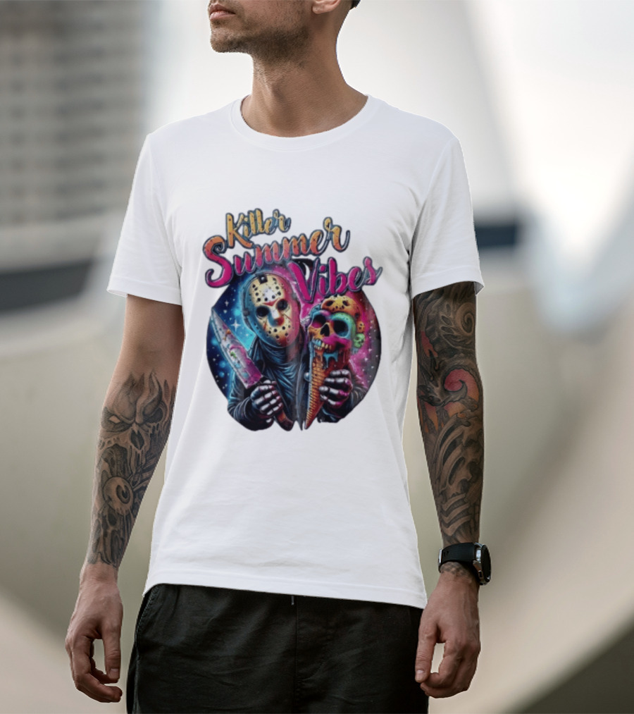 Killer Summer Vibes Hockey Mask Slasher Knife Skull Ice Cream Cone Cosmic T-Shirt