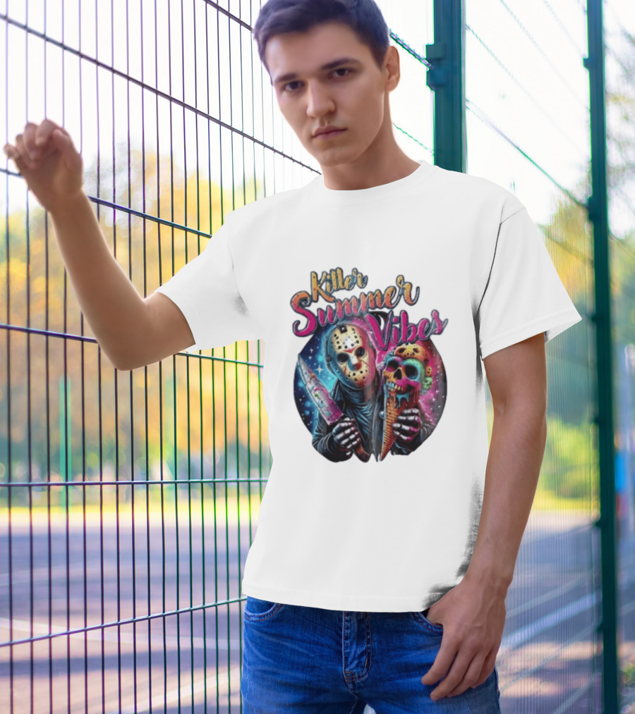 Killer Summer Vibes Hockey Mask Slasher Knife Skull Ice Cream Cone Cosmic T-Shirt