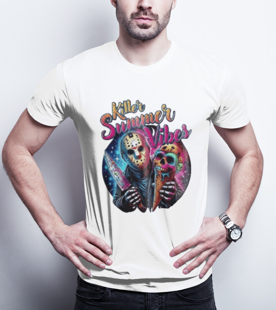 Killer Summer Vibes Hockey Mask Slasher Knife Skull Ice Cream Cone Cosmic T-Shirt