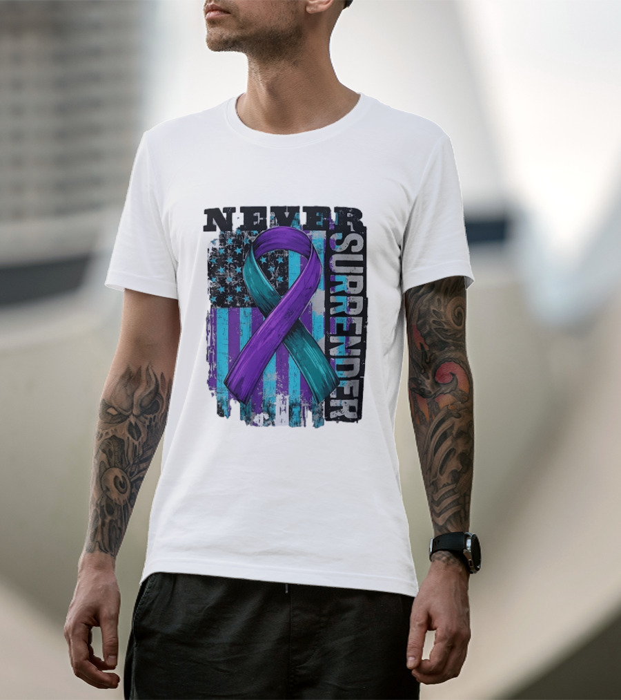 Never Surrender Teal And Purple Awareness Ribbon Distressed Flag T-Shirt