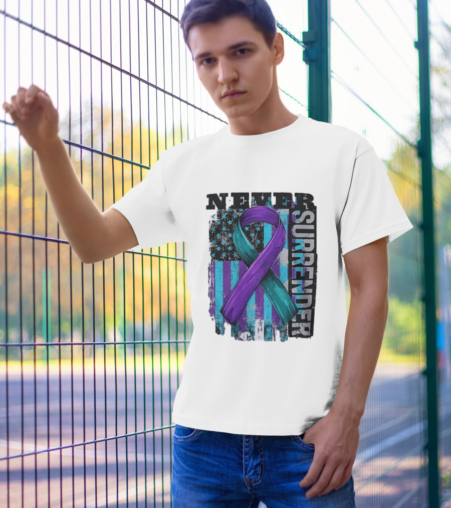 Never Surrender Teal And Purple Awareness Ribbon Distressed Flag T-Shirt