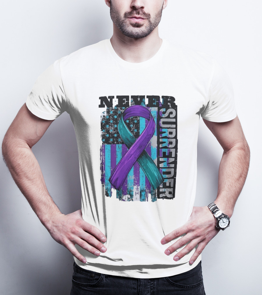 Never Surrender Teal And Purple Awareness Ribbon Distressed Flag T-Shirt