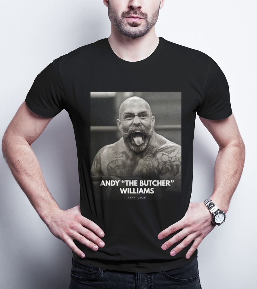 Andy The Butcher Williams 1977 2026 Tattooed Beard Black And White Image T-Shirt