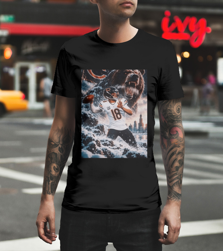 Caleb Williams Chicago Bears Snowy Football Bear Quarterback Number 18 City Skyline T-Shirt