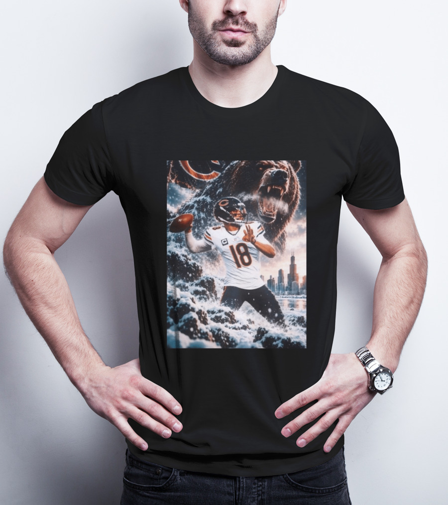 Caleb Williams Chicago Bears Snowy Football Bear Quarterback Number 18 City Skyline T-Shirt