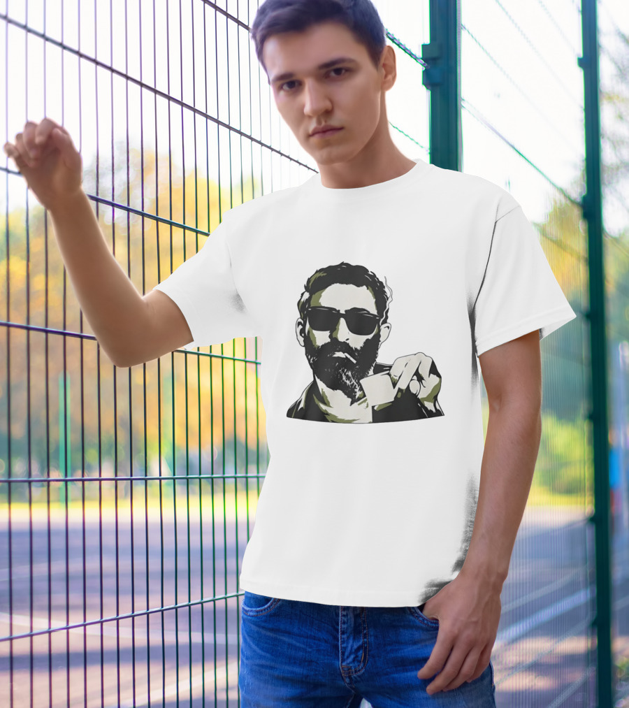 Bearded Man With Sunglasses Smoking Cigarette Holding Blank Card T-Shirt
