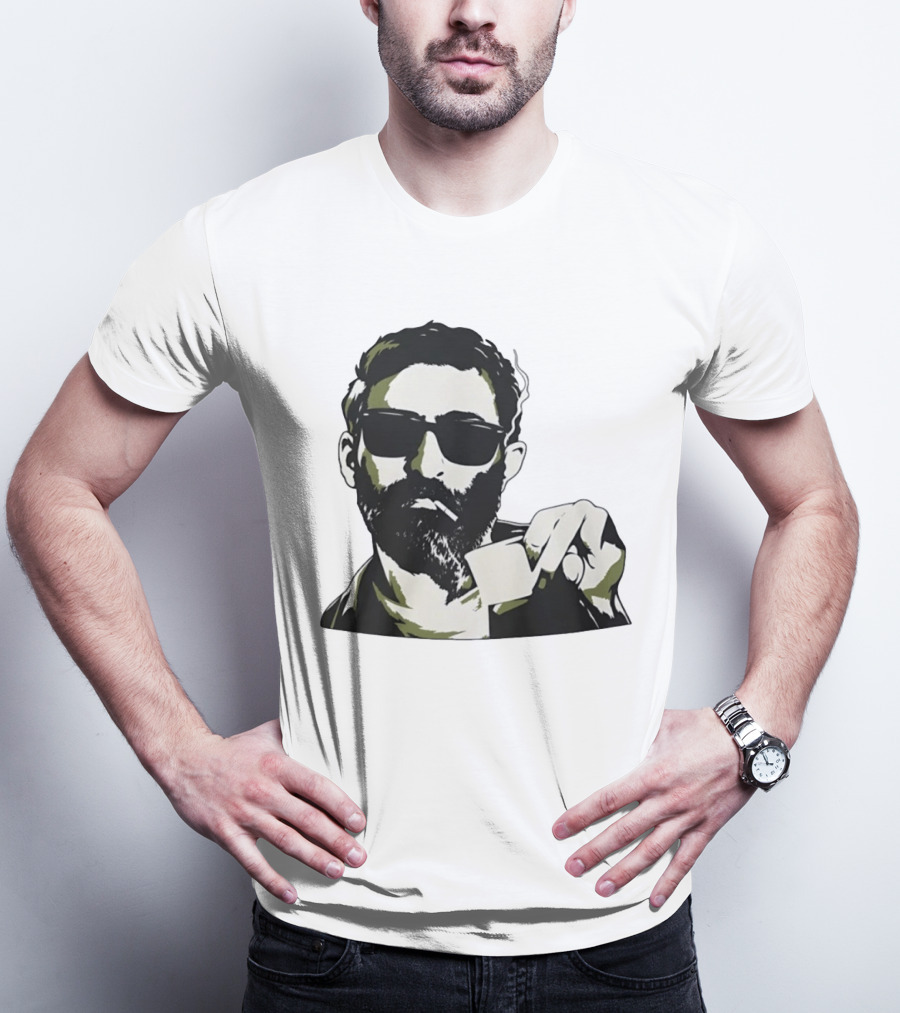 Bearded Man With Sunglasses Smoking Cigarette Holding Blank Card T-Shirt
