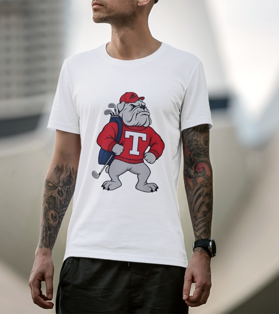 Bulldog Golf Mascot With Letter Sweater And Golf Bag T-Shirt