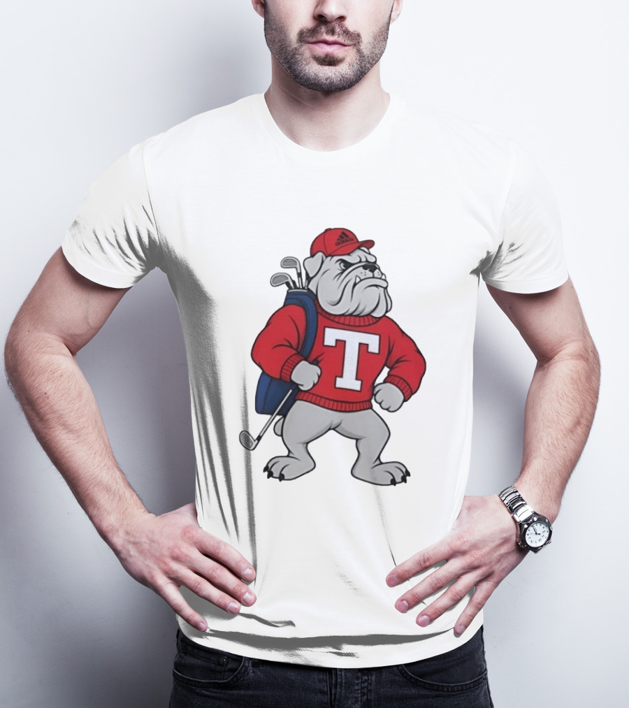 Bulldog Golf Mascot With Letter Sweater And Golf Bag T-Shirt