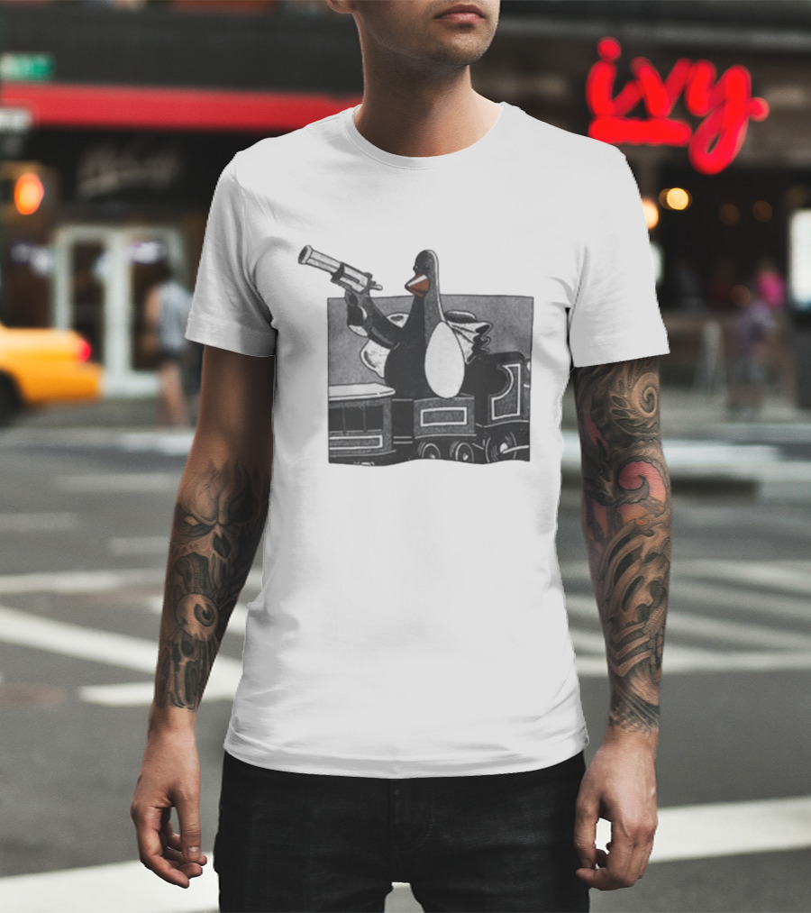 Evil Penguin With Gun On Train Vengeance Most Fowl McGraw T-Shirt