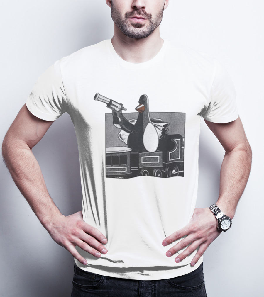 Evil Penguin With Gun On Train Vengeance Most Fowl McGraw T-Shirt