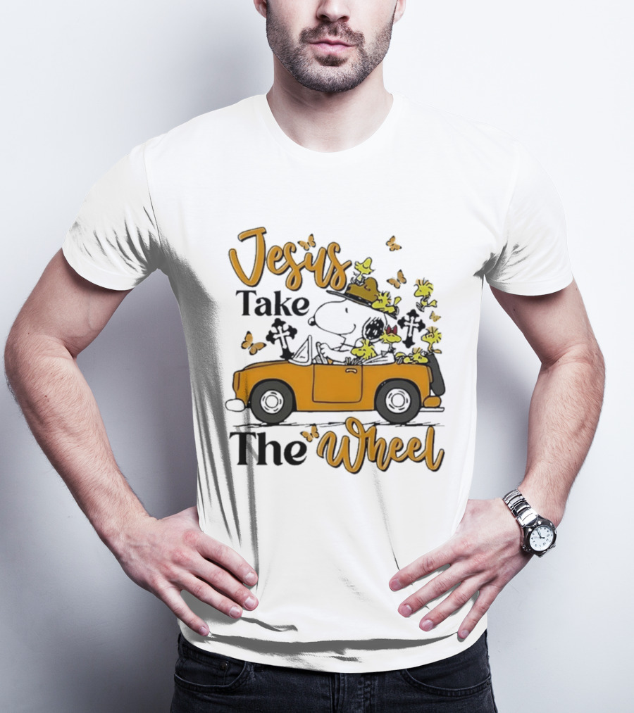 Snoopy Jesus Take The Wheel Butterflies Woodstock Driving Scene T-Shirt