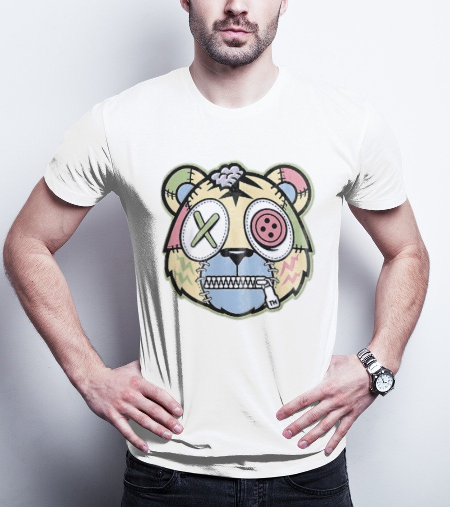 Tm Cartoon Patchwork Zombie Bear Button Eye Zipper Mouth T-Shirt