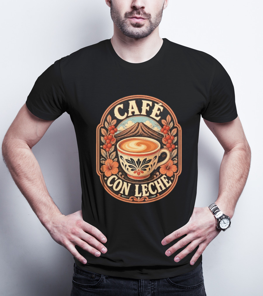 Café Con Leche Coffee Latte Floral Mountain Art Deco T-Shirt
