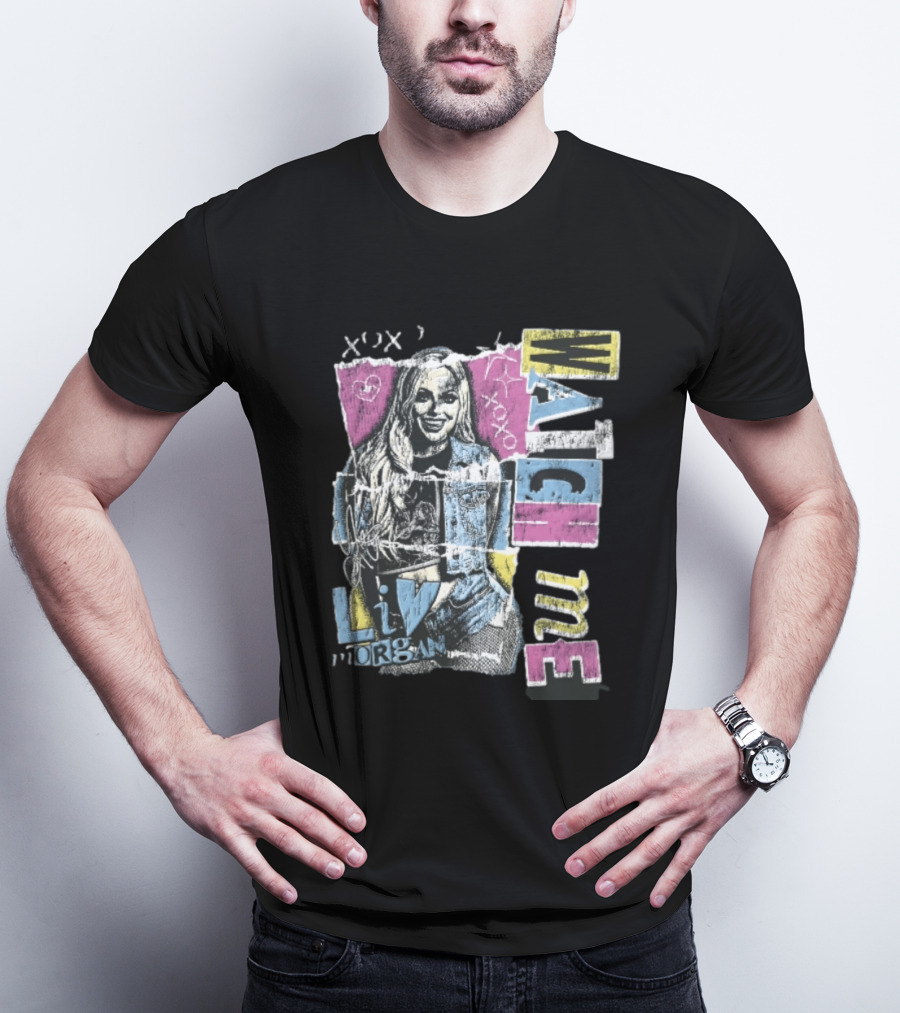 Me Xoxo Liv Morgan Denim Vest Distressed Halftone Torn Paper Collage T-Shirt